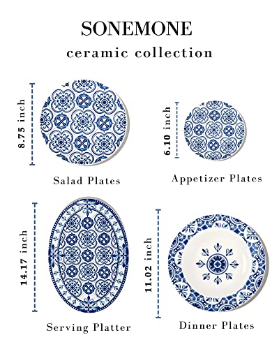 Sonemone 14 inch Blue Serving Platter, Ceramic Oval Serving Plates for Entertaining Party Restaurant, Turkey, Dishwasher & Microwave Safe