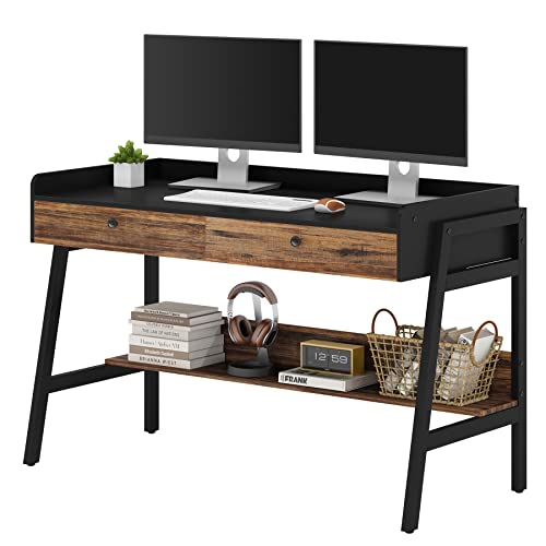 Tribesigns Computer Desk with 2 Large Drawers, 47 Inch Modern Home Office Desk with Storage Shelves, Industrial Writing Desk Study Table Workstation