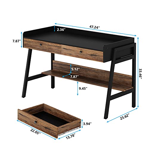 Tribesigns Computer Desk with 2 Large Drawers, 47 Inch Modern Home Office Desk with Storage Shelves, Industrial Writing Desk Study Table Workstation