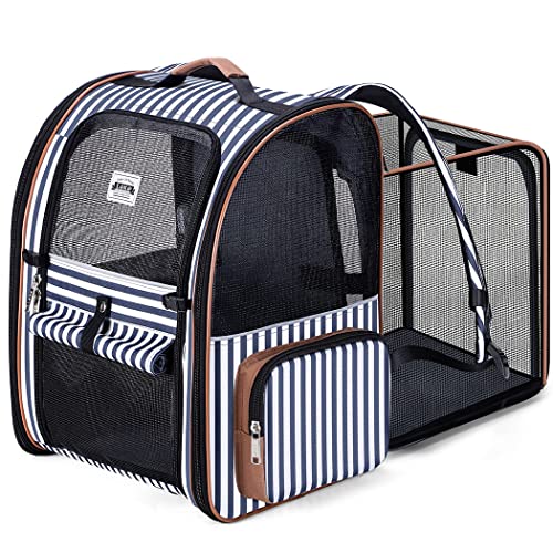 Lekebobor Large Cat Backpack Carrier Expandable Pet Carrier Backpack for Small Dogs Medium Cats Fit Up to 18 Lbs, Dog Carrier Backpack,Puppy Backpack Carrier, Blue Striped