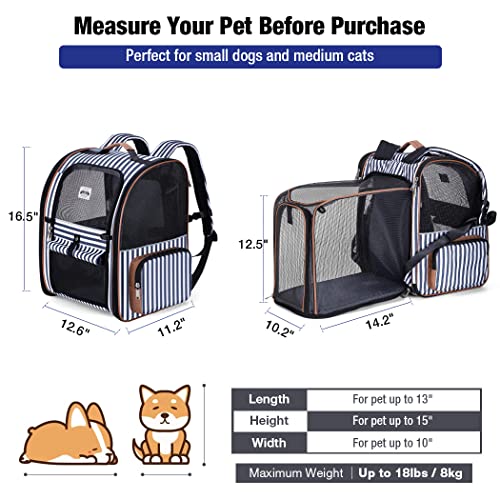 Lekebobor Large Cat Backpack Carrier Expandable Pet Carrier Backpack for Small Dogs Medium Cats Fit Up to 18 Lbs, Dog Carrier Backpack,Puppy Backpack Carrier, Blue Striped