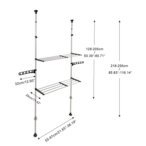 Hershii 2 Tier Over The Toilet Storage Rack Laundry Shelf Double Tension Poles Above Washer Dryer Organizer Unit Bathroom Space Saver Clothes Hanger Rods, Adjustable Height & Width - Black