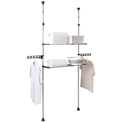 Hershii 2 Tier Over The Toilet Storage Rack Laundry Shelf Double Tension Poles Above Washer Dryer Organizer Unit Bathroom Space Saver Clothes Hanger Rods, Adjustable Height & Width - Black