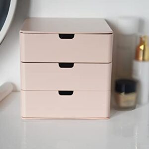 whillar Vanity Organizer, 3-Drawer Dresser Bathroom Countertop Organization Storage Holder, Small Cute Makeup Organizer Cabinet with Drawer for Women Girls (Pink)