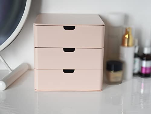 whillar Vanity Organizer, 3-Drawer Dresser Bathroom Countertop Organization Storage Holder, Small Cute Makeup Organizer Cabinet with Drawer for Women Girls (Pink)