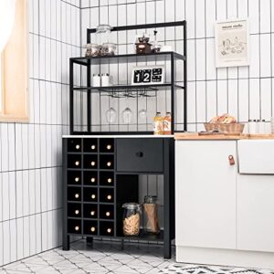 LOKO Bar Cabinet, Wine Storage Cabinet with Detachable Glass Holder and Racks, Kitchen Bakers Rack with Wine Rack, 31 x 16 x 64 inches (Black)