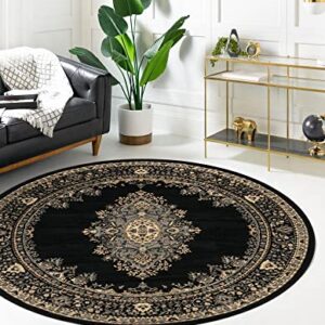 Rugs.com Amaya Collection Rug – 8 Ft Round Black Medium Rug Perfect for Kitchens, Dining Rooms