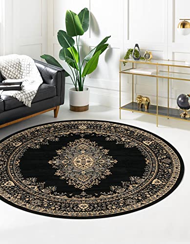 Rugs.com Amaya Collection Rug – 8 Ft Round Black Medium Rug Perfect for Kitchens, Dining Rooms