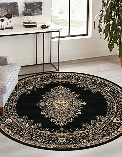 Rugs.com Amaya Collection Rug – 8 Ft Round Black Medium Rug Perfect for Kitchens, Dining Rooms