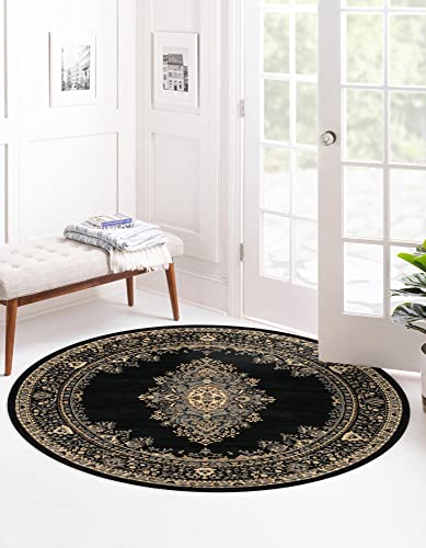 Rugs.com Amaya Collection Rug – 8 Ft Round Black Medium Rug Perfect for Kitchens, Dining Rooms