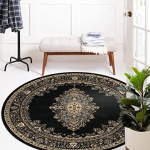 Rugs.com Amaya Collection Rug – 8 Ft Round Black Medium Rug Perfect for Kitchens, Dining Rooms