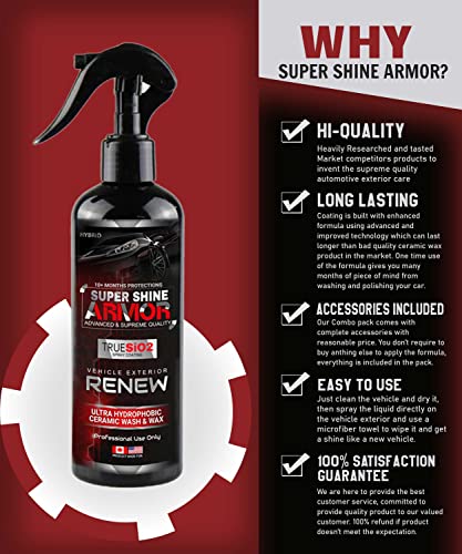 Super Shine Armor Supreme Quality Waterless Wash and Wax Ceramic Coating with Accessories - Clean Vehicle Exterior, Shine, and Protect from Rusting and Scratches with Long Lasting Hydrophobic Effect