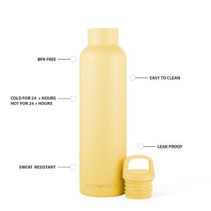 monomono 24oz Double Insulated Water Bottle With Handle Lid, Stainless Steel Gym & Sports Water Bottle for Men, Women & Kids, Hot and Cold, Leakproof, Toxic Free & BPA Free Water Bottle, Pastel Yellow