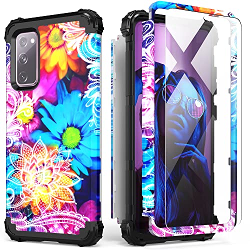 Galaxy S20 FE 5G Case with Tempered Glass Screen Protector(2020/2022 Released),IDweel Hybrid 3 in 1 Shockproof Heavy Duty Protection Hard PC Cover Soft Silicone Bumper Full Body Case for Women,Flower