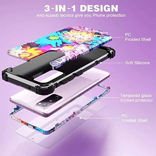 Galaxy S20 FE 5G Case with Tempered Glass Screen Protector(2020/2022 Released),IDweel Hybrid 3 in 1 Shockproof Heavy Duty Protection Hard PC Cover Soft Silicone Bumper Full Body Case for Women,Flower