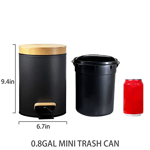 SIDIANBAN Mini Trash Can with Lid Soft Close, 0.8 Gallon Bathroom Step Wastebasket, Garbage Container Bin with Inner Bucket for Bedroom, Office, Anti-Fingerprint Matt Finish (0.8Gal/3L, Black)