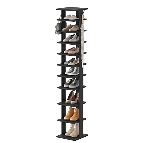 HOME BI 10 Tiers Vertical Shoe Rack, Tall Skinny Wooden Boot Shelf, Narrow Slim Shoe Tower, Free Standing Shoe Cabinet with Hooks for Entryway, Closets, Corner, Wall, Front Door, Outdoor, Black