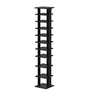 HOME BI 10 Tiers Vertical Shoe Rack, Tall Skinny Wooden Boot Shelf, Narrow Slim Shoe Tower, Free Standing Shoe Cabinet with Hooks for Entryway, Closets, Corner, Wall, Front Door, Outdoor, Black