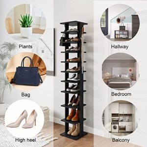 HOME BI 10 Tiers Vertical Shoe Rack, Tall Skinny Wooden Boot Shelf, Narrow Slim Shoe Tower, Free Standing Shoe Cabinet with Hooks for Entryway, Closets, Corner, Wall, Front Door, Outdoor, Black