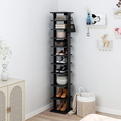 HOME BI 10 Tiers Vertical Shoe Rack, Tall Skinny Wooden Boot Shelf, Narrow Slim Shoe Tower, Free Standing Shoe Cabinet with Hooks for Entryway, Closets, Corner, Wall, Front Door, Outdoor, Black