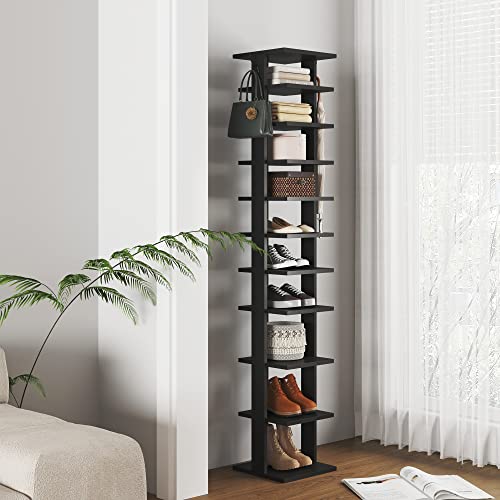 HOME BI 10 Tiers Vertical Shoe Rack, Tall Skinny Wooden Boot Shelf, Narrow Slim Shoe Tower, Free Standing Shoe Cabinet with Hooks for Entryway, Closets, Corner, Wall, Front Door, Outdoor, Black