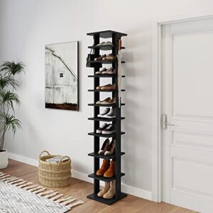 HOME BI 10 Tiers Vertical Shoe Rack, Tall Skinny Wooden Boot Shelf, Narrow Slim Shoe Tower, Free Standing Shoe Cabinet with Hooks for Entryway, Closets, Corner, Wall, Front Door, Outdoor, Black