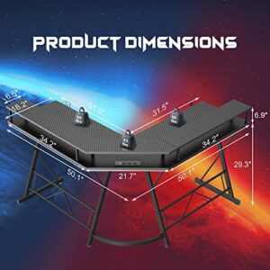 HYTXEN Gaming Desk with Led Lights, L Shaped Corner Computer Desk with Power Strip, Carbon Fiber Surface Gaming Table with Monitor Stand＆Cup Holder, Headphone Hook, Graphite Black