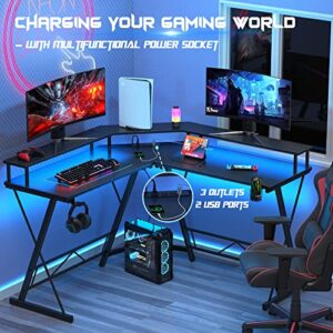 HYTXEN Gaming Desk with Led Lights, L Shaped Corner Computer Desk with Power Strip, Carbon Fiber Surface Gaming Table with Monitor Stand＆Cup Holder, Headphone Hook, Graphite Black