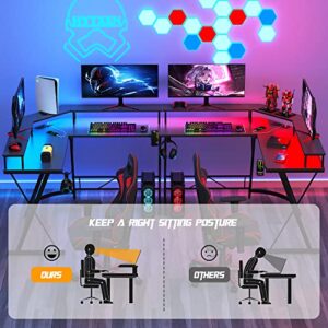 HYTXEN Gaming Desk with Led Lights, L Shaped Corner Computer Desk with Power Strip, Carbon Fiber Surface Gaming Table with Monitor Stand＆Cup Holder, Headphone Hook, Graphite Black