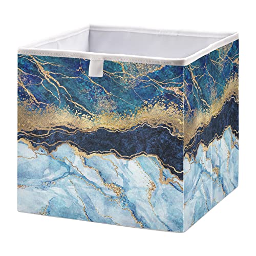 Marble Blue Gold Collapsible Open Storage Bins, Foldable Toy Nursery Storage Basket Bin Cloth Cube Rectangular Organizer with Handles for Shelves Closet Home Decor