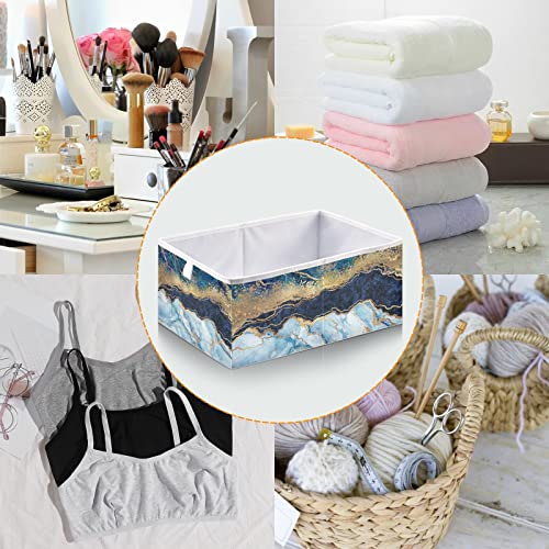 Marble Blue Gold Collapsible Open Storage Bins, Foldable Toy Nursery Storage Basket Bin Cloth Cube Rectangular Organizer with Handles for Shelves Closet Home Decor