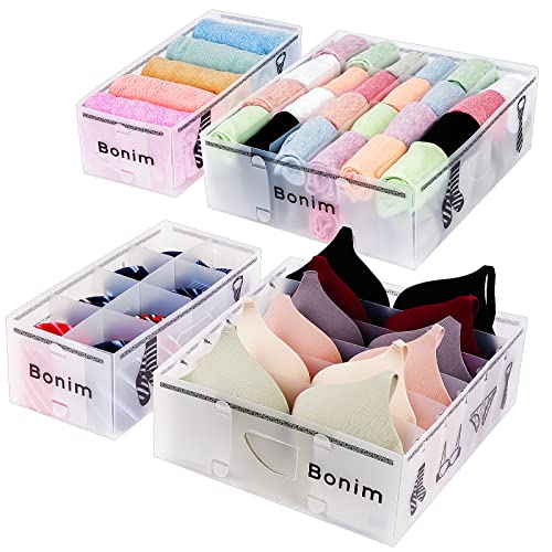 bonim Foldable Underwear Drawer Organizer Plastic Closet Storage Box for Bra, Lingerie, Undies, Waterproof Baskets Bins Containers Divider for Bedroom, Bathroom, Kitchen(4 Pcs, White)