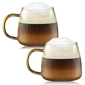 ZHMTang Premium Unique Glass Coffee Mugs Set of 2 Fancy Cups with Stylish Vertical Stripes Pattern - Light Yellow Handle (Clear)