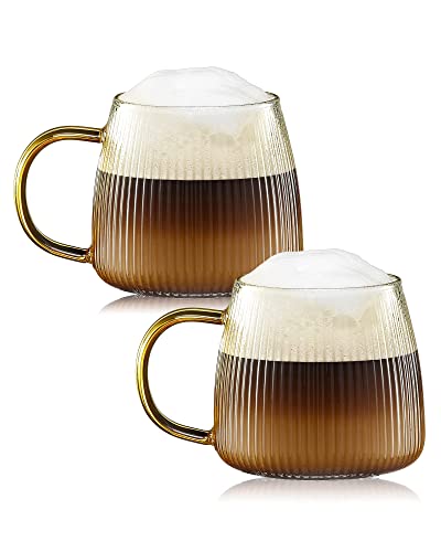 ZHMTang Premium Unique Glass Coffee Mugs Set of 2 Fancy Cups with Stylish Vertical Stripes Pattern - Light Yellow Handle (Clear)