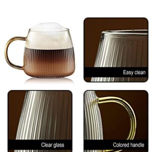 ZHMTang Premium Unique Glass Coffee Mugs Set of 2 Fancy Cups with Stylish Vertical Stripes Pattern - Light Yellow Handle (Clear)