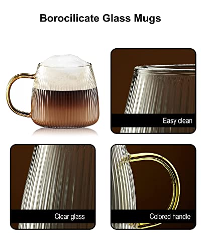 ZHMTang Premium Unique Glass Coffee Mugs Set of 2 Fancy Cups with Stylish Vertical Stripes Pattern - Light Yellow Handle (Clear)