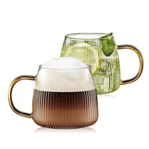 ZHMTang Premium Unique Glass Coffee Mugs Set of 2 Fancy Cups with Stylish Vertical Stripes Pattern - Light Yellow Handle (Clear)