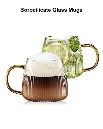 ZHMTang Premium Unique Glass Coffee Mugs Set of 2 Fancy Cups with Stylish Vertical Stripes Pattern - Light Yellow Handle (Clear)