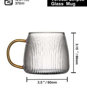 ZHMTang Premium Unique Glass Coffee Mugs Set of 2 Fancy Cups with Stylish Vertical Stripes Pattern - Light Yellow Handle (Clear)