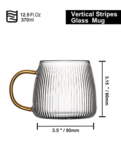 ZHMTang Premium Unique Glass Coffee Mugs Set of 2 Fancy Cups with Stylish Vertical Stripes Pattern - Light Yellow Handle (Clear)