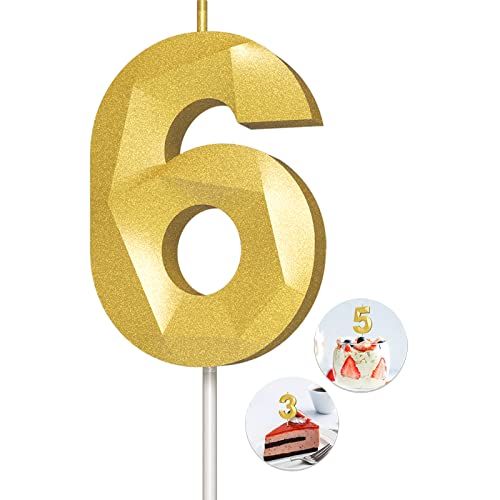 Number Birthday Candles(6 Candle Gold) 3D Diamond Shape Number Happy Birthday Cake Candles for Birthday Party Wedding Decoration Reunions Theme Party