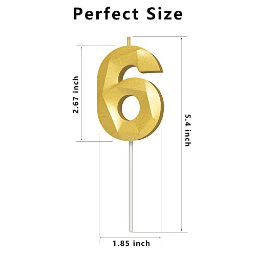 Number Birthday Candles(6 Candle Gold) 3D Diamond Shape Number Happy Birthday Cake Candles for Birthday Party Wedding Decoration Reunions Theme Party