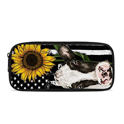 Buybai Cow and Sunflower Printed Pencil Case for Teen Girls Boys, School Stationery Accessory Zipper Pouch, Office Organizer Soft Travel Toiletry, Small Makeup Bag Women