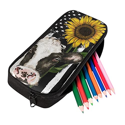 Buybai Cow and Sunflower Printed Pencil Case for Teen Girls Boys, School Stationery Accessory Zipper Pouch, Office Organizer Soft Travel Toiletry, Small Makeup Bag Women