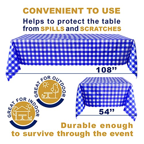 14 Pack 108" X 54" Blue Checkered Premium Disposable Plastic Tablecloth for 8ft Long Rectangle Tables, Waterproof Covers for Indoor or Outdoor Events & Parties