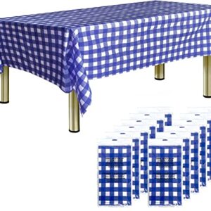 14 Pack 108" X 54" Blue Checkered Premium Disposable Plastic Tablecloth for 8ft Long Rectangle Tables, Waterproof Covers for Indoor or Outdoor Events & Parties