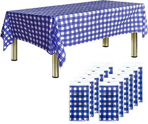 14 Pack 108" X 54" Blue Checkered Premium Disposable Plastic Tablecloth for 8ft Long Rectangle Tables, Waterproof Covers for Indoor or Outdoor Events & Parties