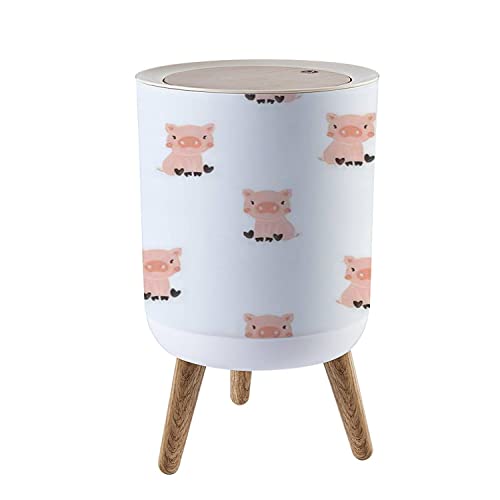 CAKOJV188 Round Trash Can with Press Lid Hand Drawn Color Seamless Repeating Childish Simple Cute Pigs Small Garbage Can Trash Bin Dog-Proof Trash Can Wooden Legs Waste Bin Wastebasket 7L/1.8 Gallon