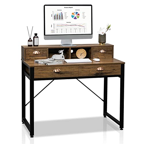 VINGLI Computer Desk with Drawers and Monitor Stand,42" Home Office Study Writing Desk,Industrial Laptop Desk Workstation,Small Writing Desk with 4 Drawers for Small Place