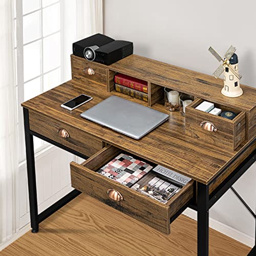 VINGLI Computer Desk with Drawers and Monitor Stand,42" Home Office Study Writing Desk,Industrial Laptop Desk Workstation,Small Writing Desk with 4 Drawers for Small Place